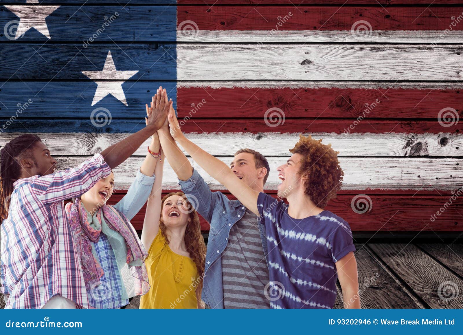 Students Clapping Their Hands Against Wooden American Flag Background ...
