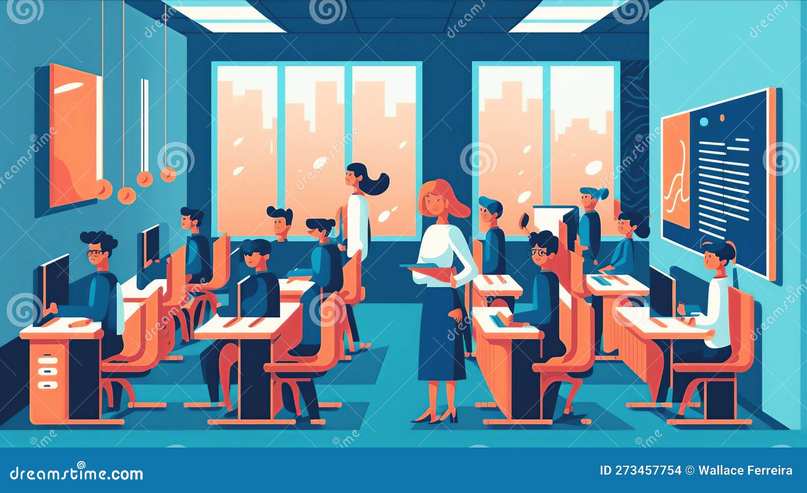 Students in the Classroom with Teacher. Flat Illustration with Warm and ...
