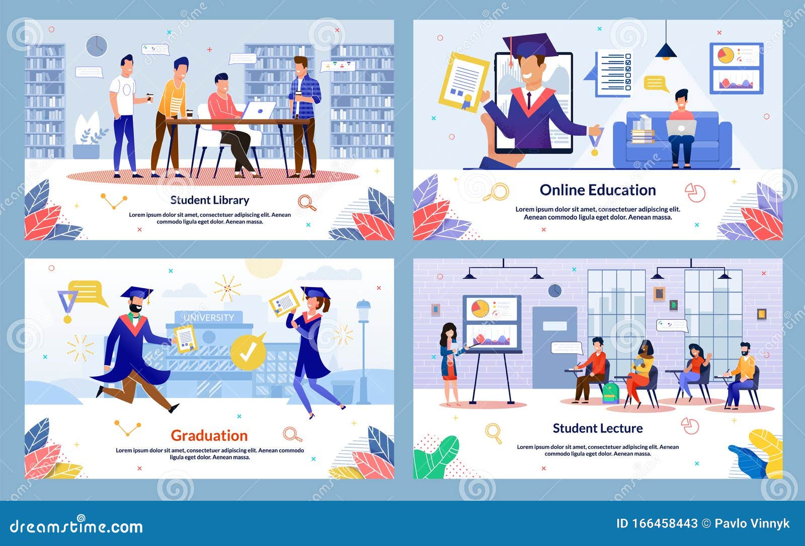 Students College Life Time Flat Vector Banners Set Stock Vector ...