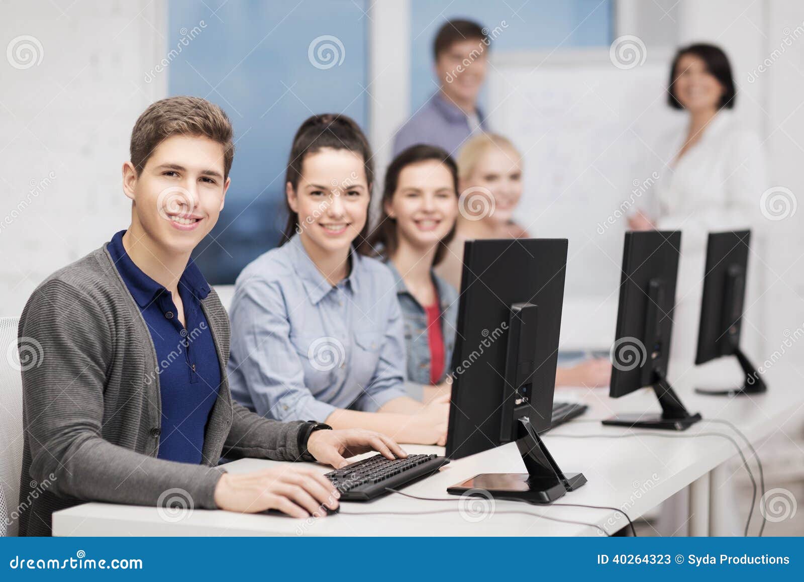 Students with Computer Monitor at School Stock Image - Image of modern ...
