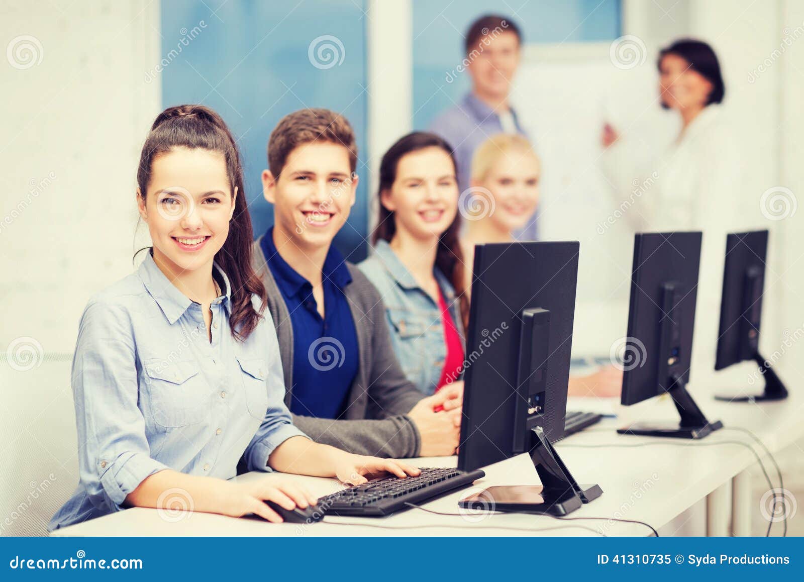 Students with Computer Monitor at School Stock Image - Image of board ...