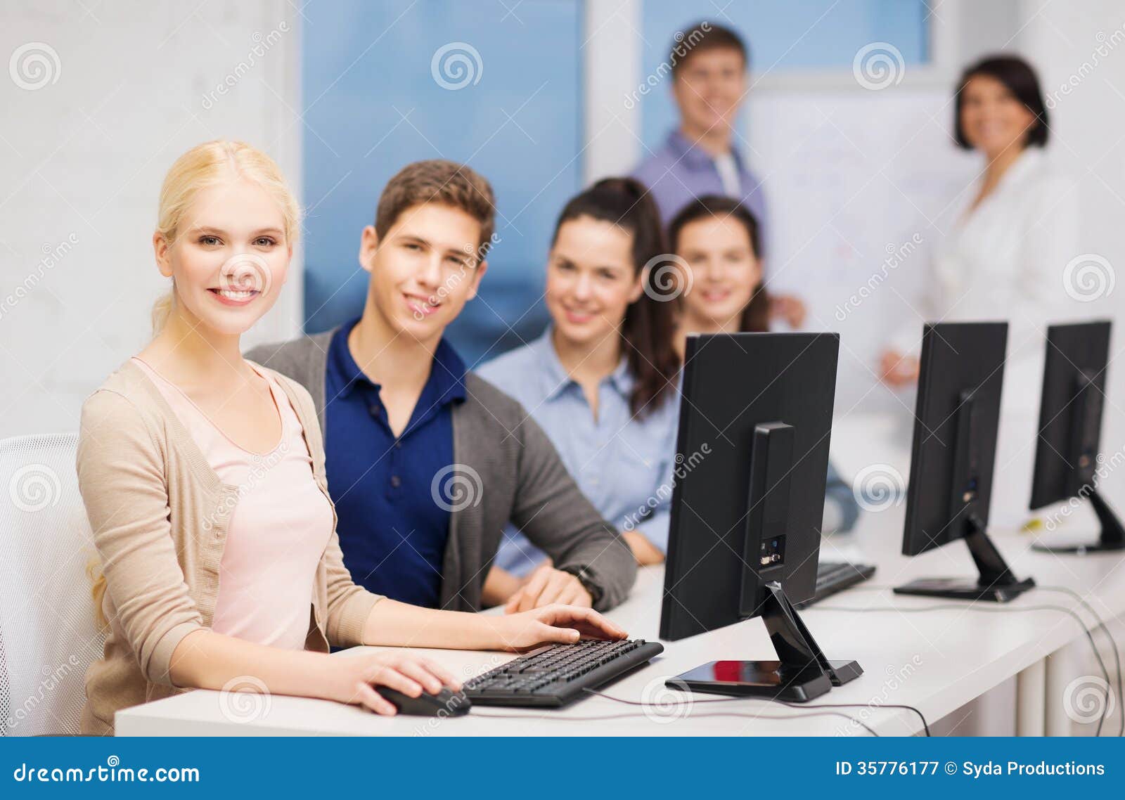 Students with Computer Monitor at School Stock Image - Image of girls ...