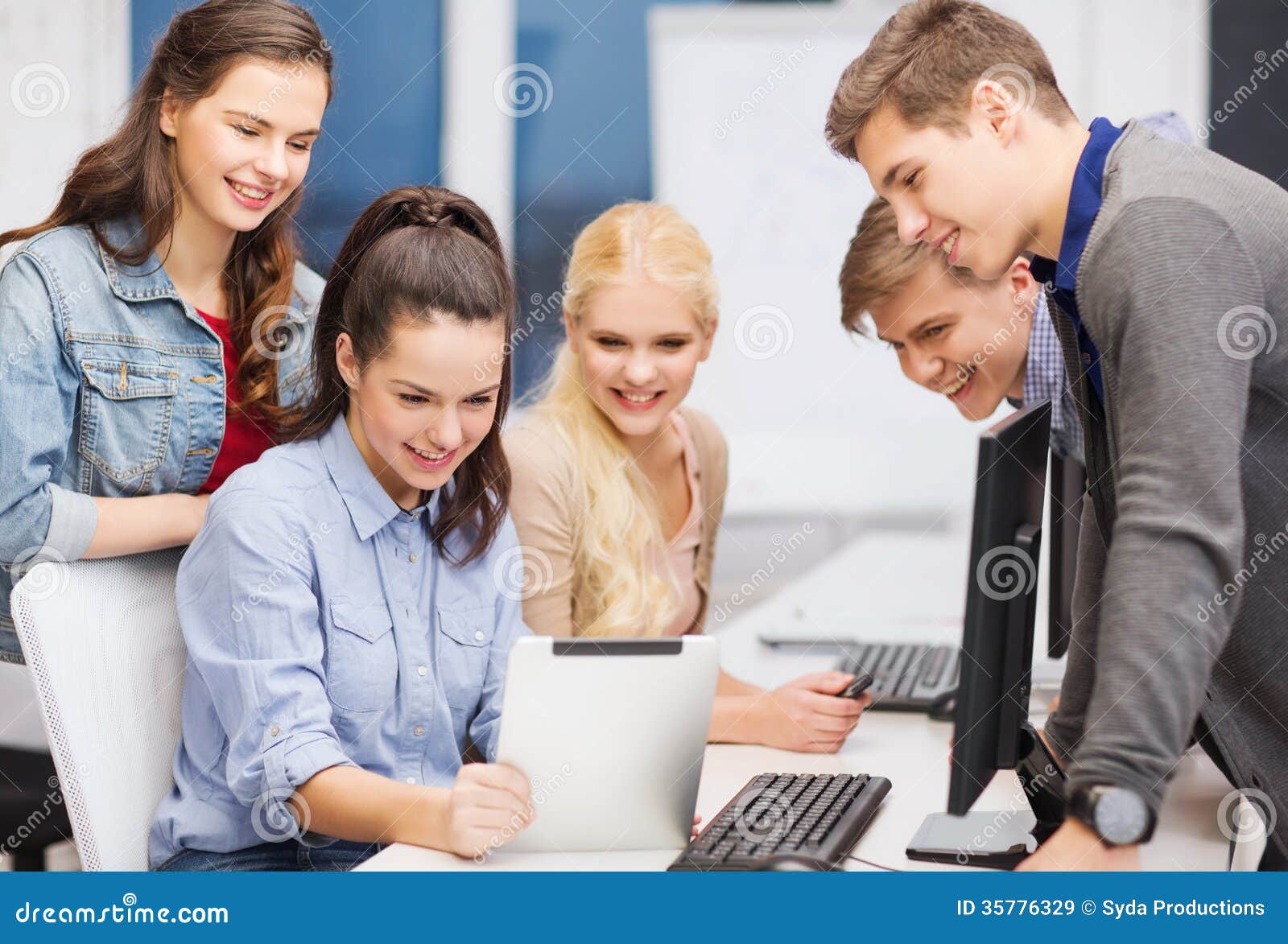 Students with Computer Monitor and Tablet Pc Stock Image - Image of ...
