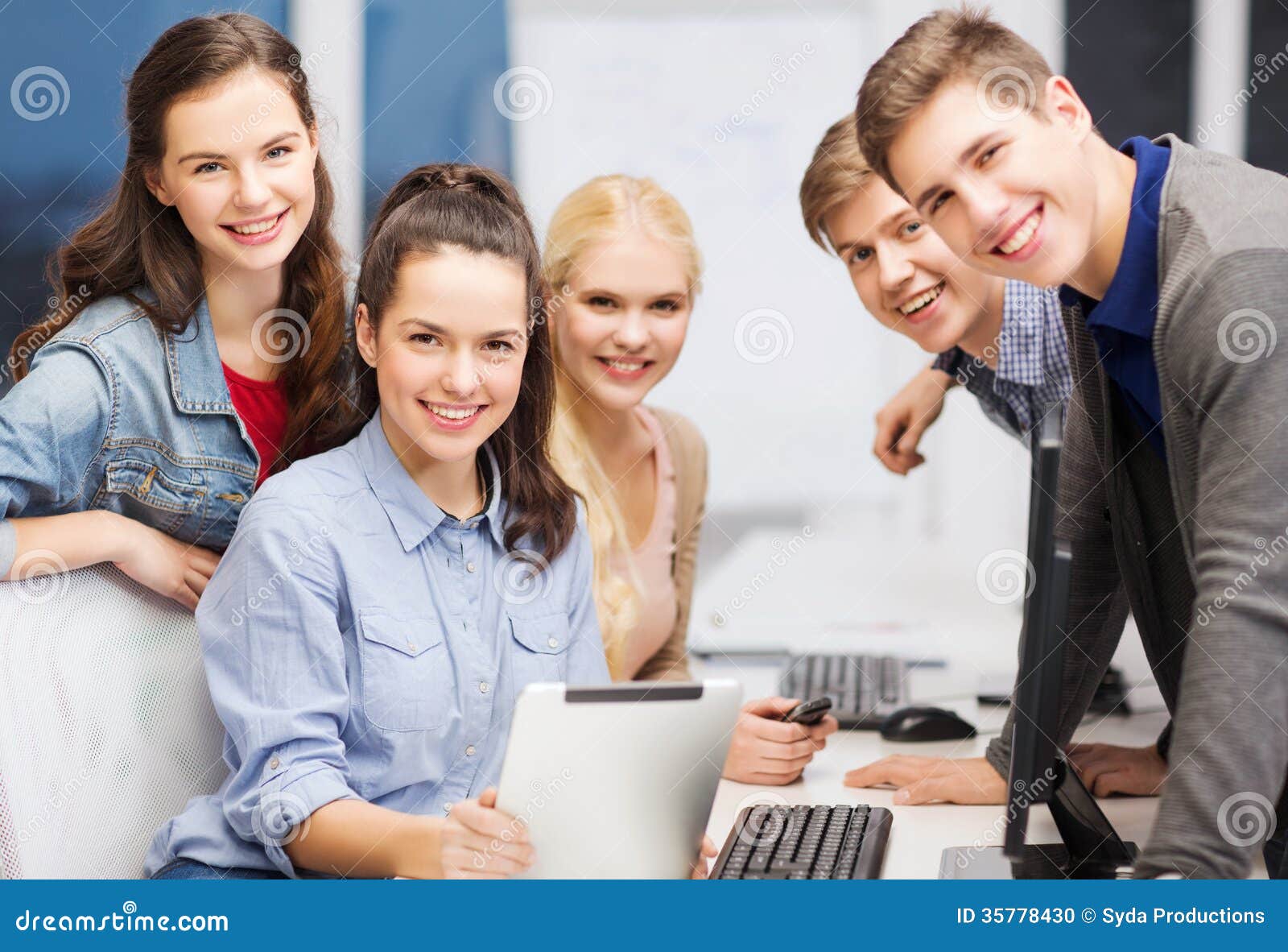 Students with Computer Monitor and Tablet Pc Stock Photo - Image of ...