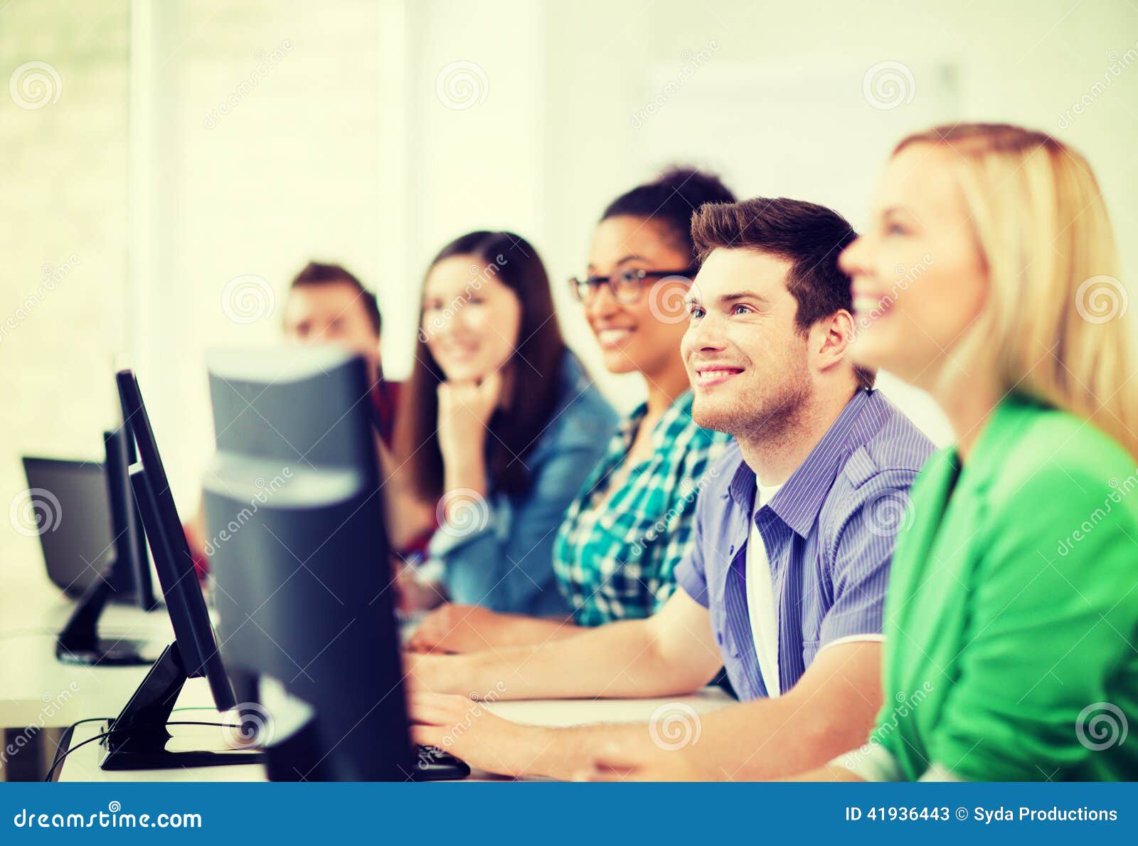 Students with Computers Studying at School Stock Image - Image of ...