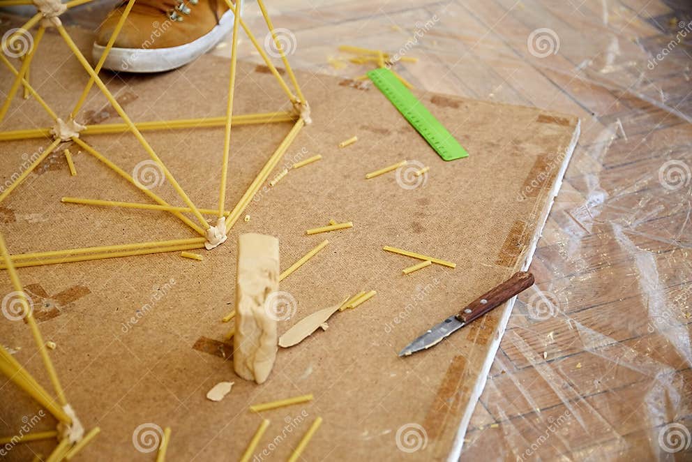 Students Create Different Designs from the Spaghetti Tower Stock Photo ...