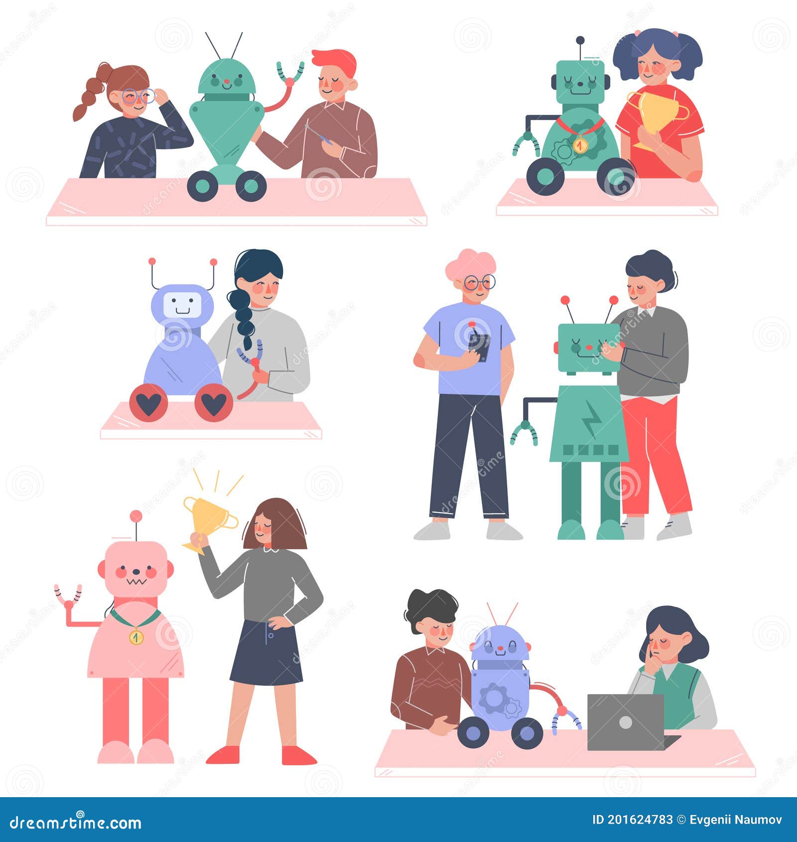 Students Creating Robots Set, Boys and Girls Engineers Characters ...