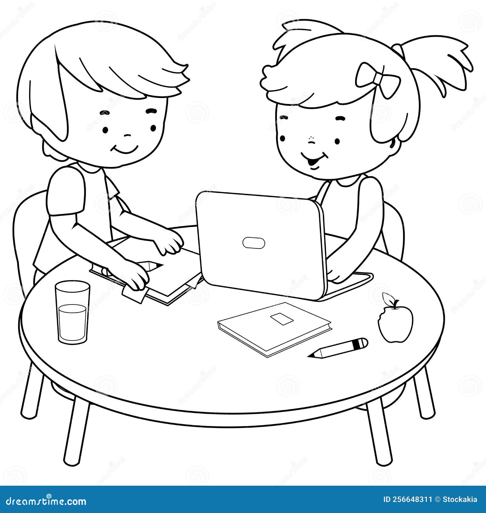 Students at a Desk Doing Their Homework Using a Computer. Vector Black ...