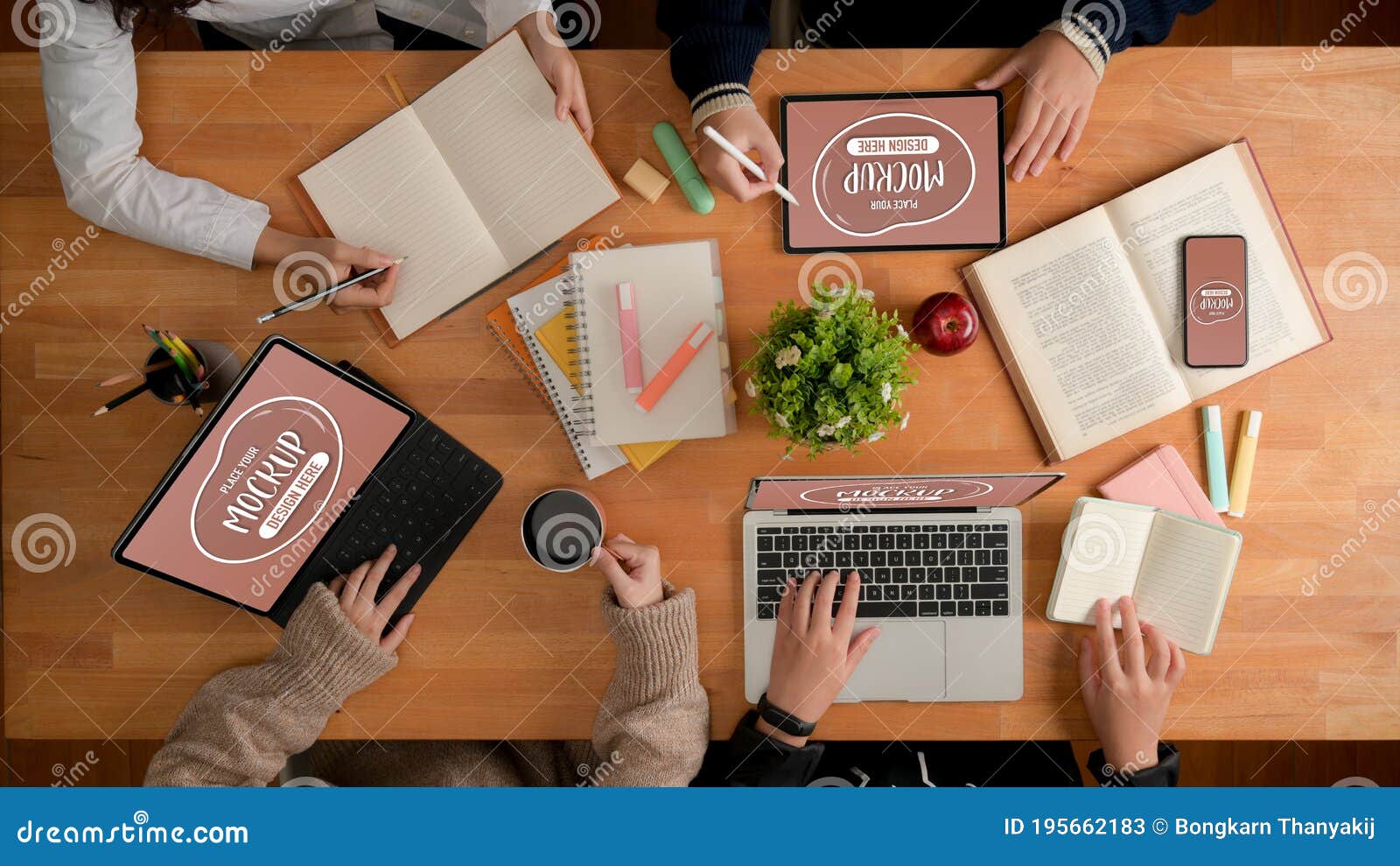 Students Doing Group Assignment with Mock Up Digital Devices, Books and ...