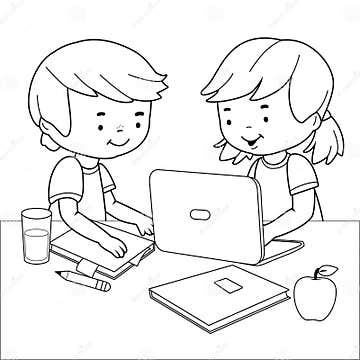 Students Doing Homework Using a Computer. Vector Black and White ...