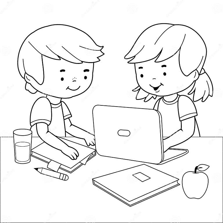 Students Doing Homework Using a Computer. Vector Black and White ...