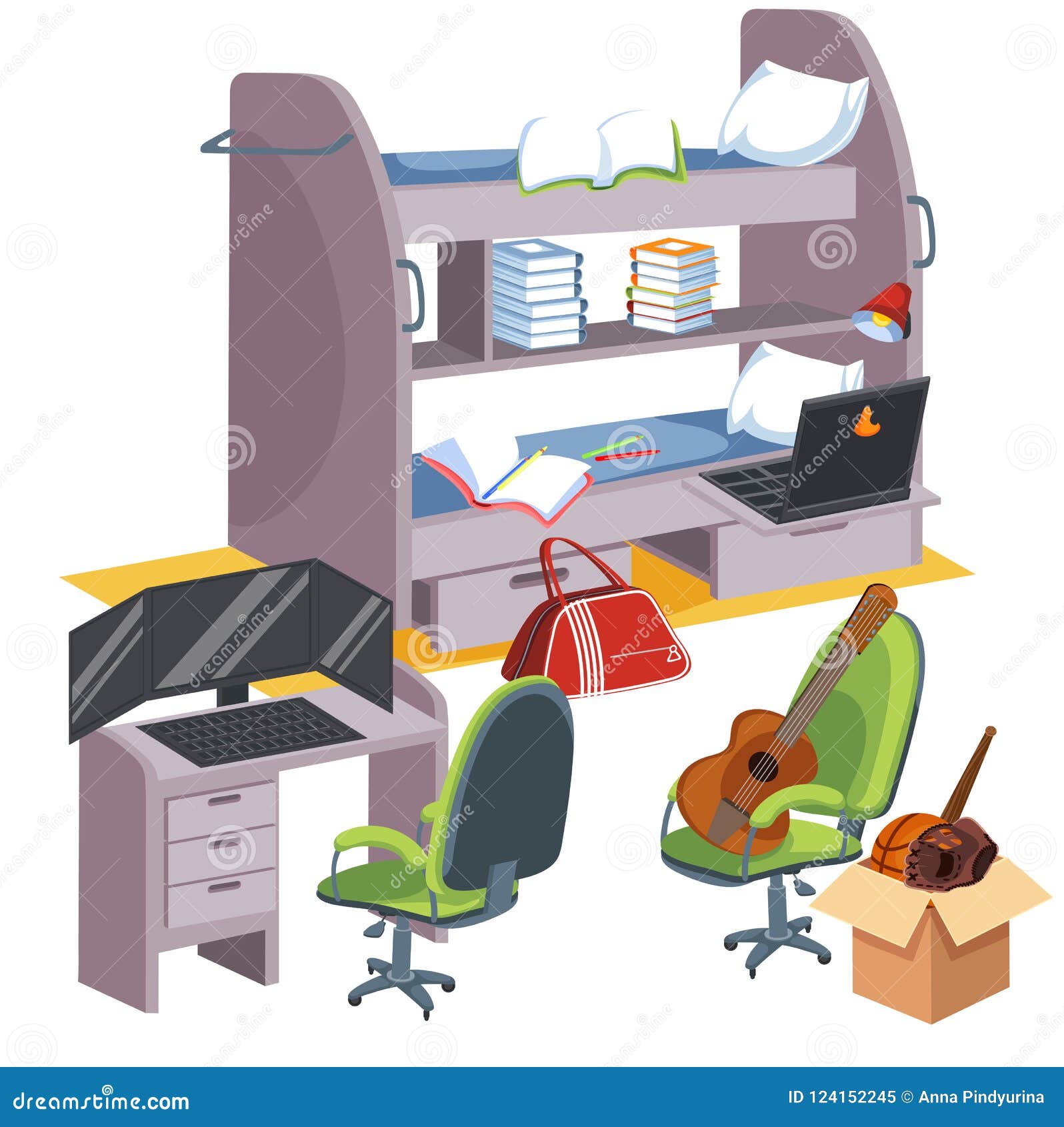 Students Dormitory Interior Flat Colorful Poster With Bunk Bed With ...