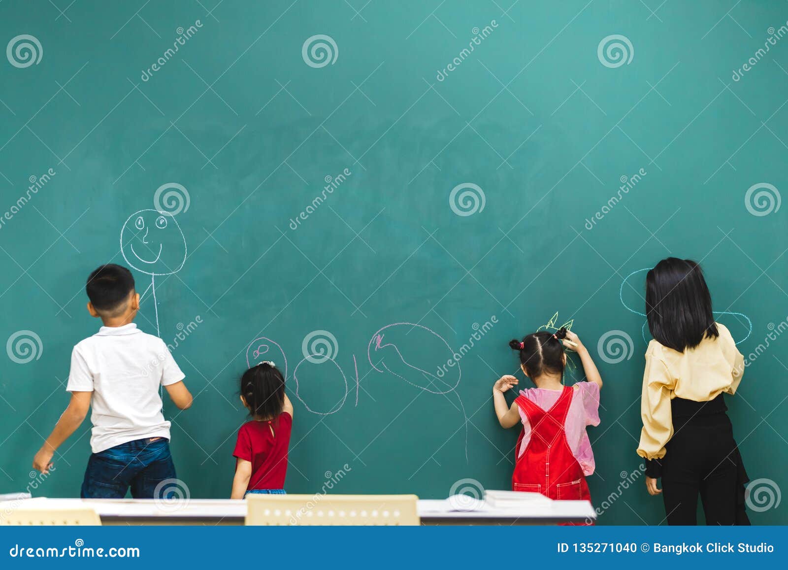 Students Drawing on Green Board Stock Photo - Image of class ...