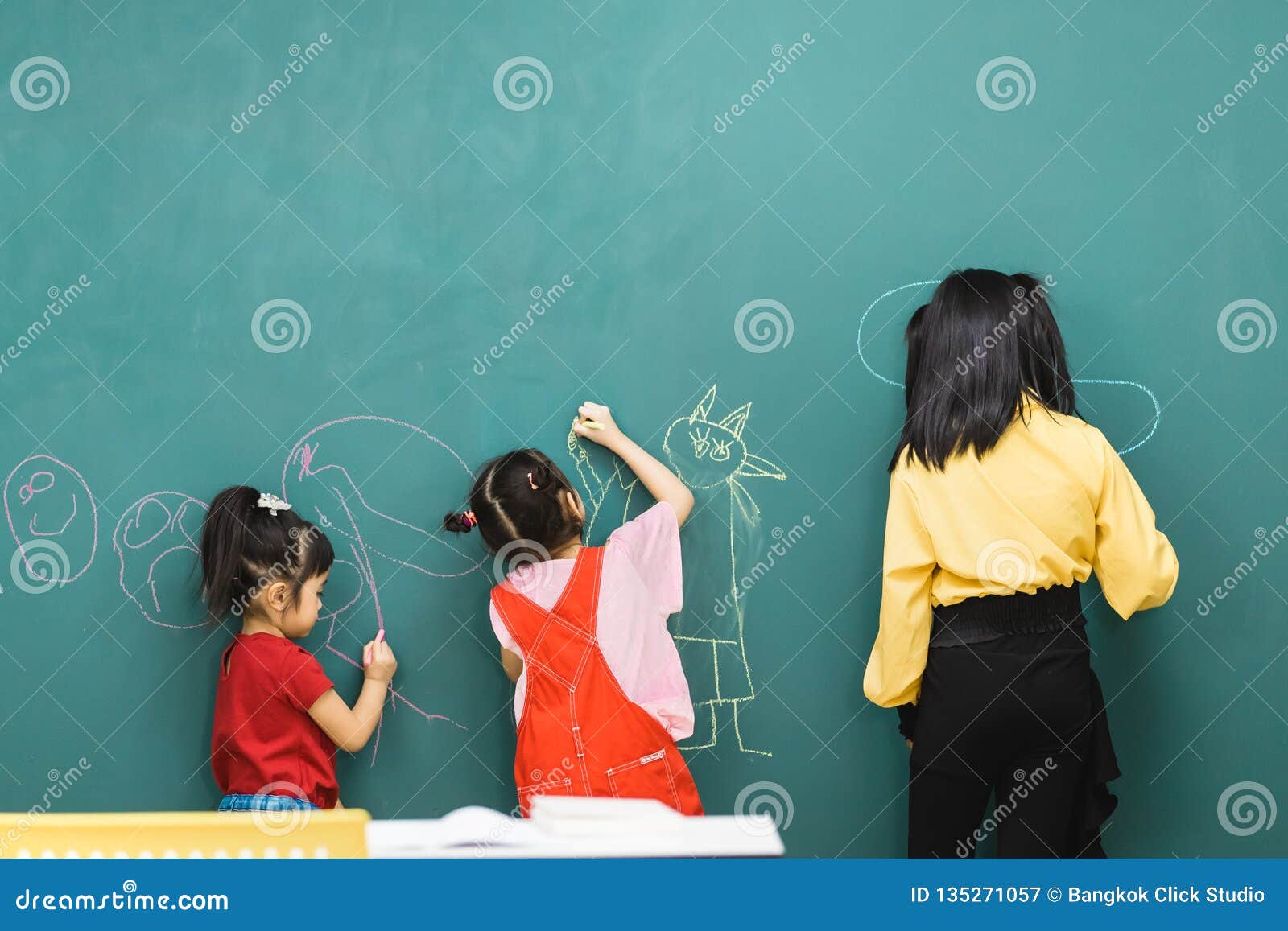 Students Drawing on Green Board Stock Image - Image of happy, clever ...
