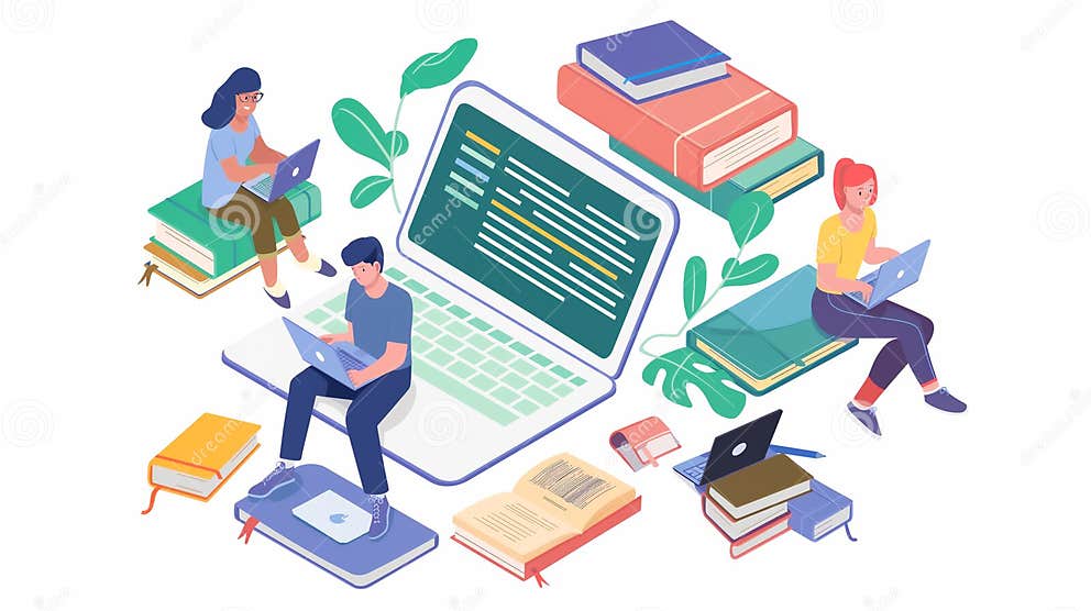 Students Engaged in Learning with Laptops, Surrounded by Books and ...