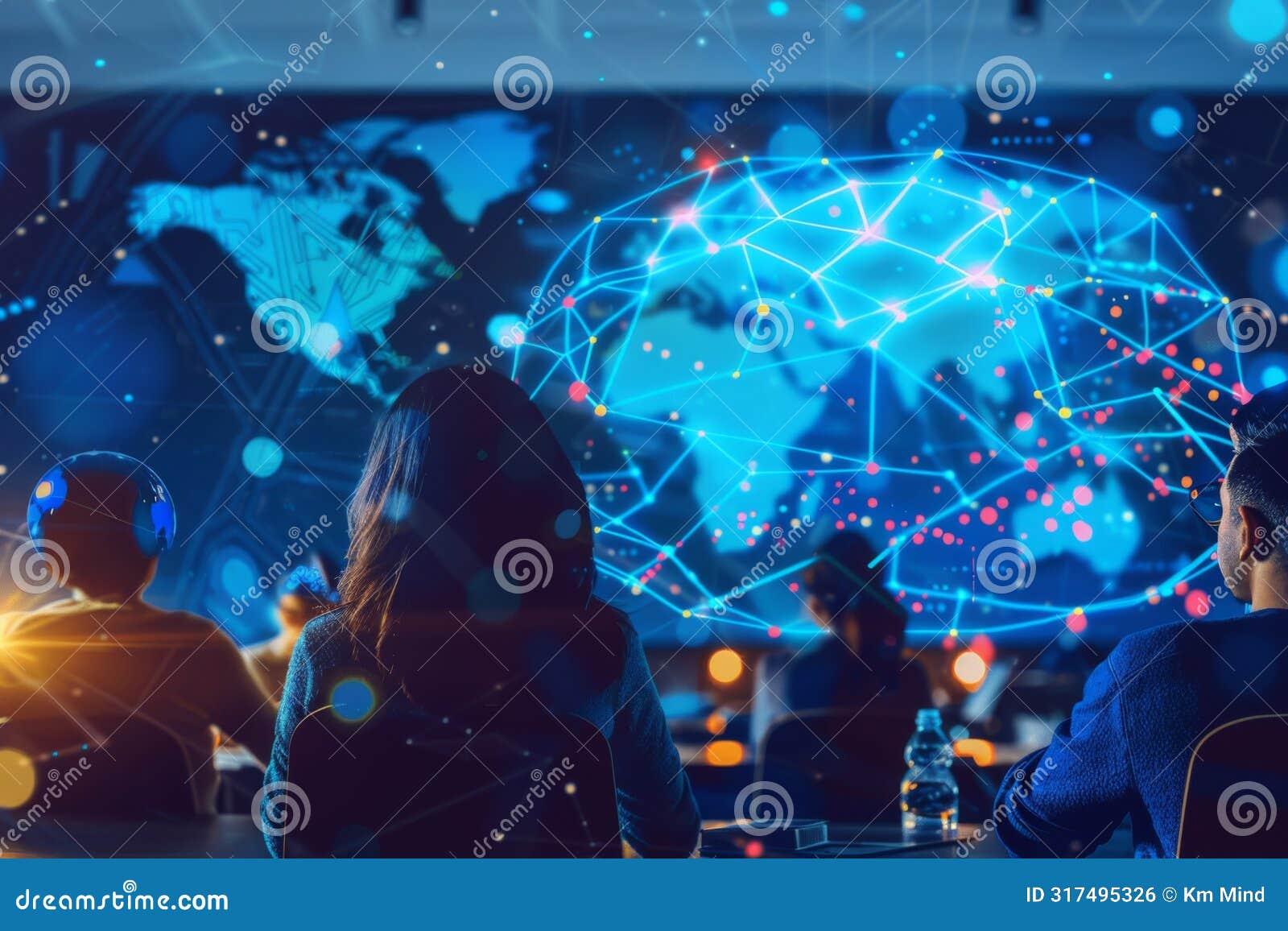 Students Exploring Futuristic Digital World Map Display Stock ...