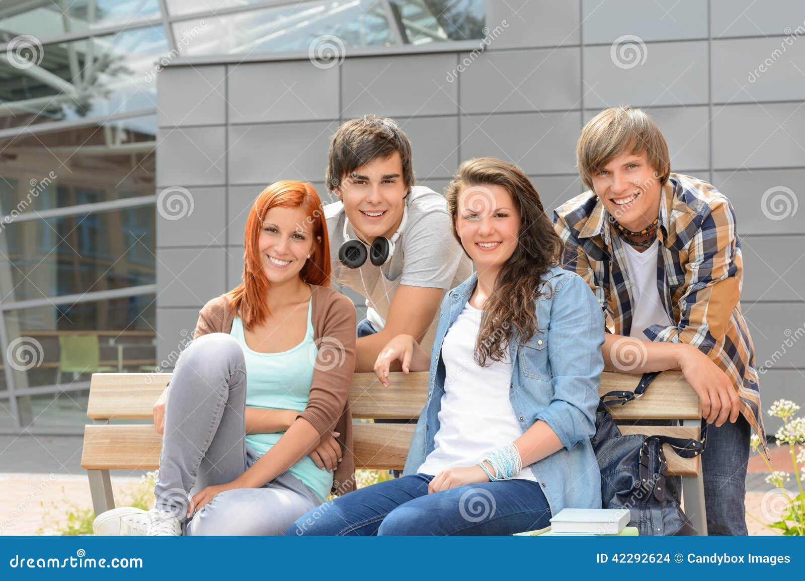 Students Friends Sitting Bench Outside Campus Stock Photo - Image of ...