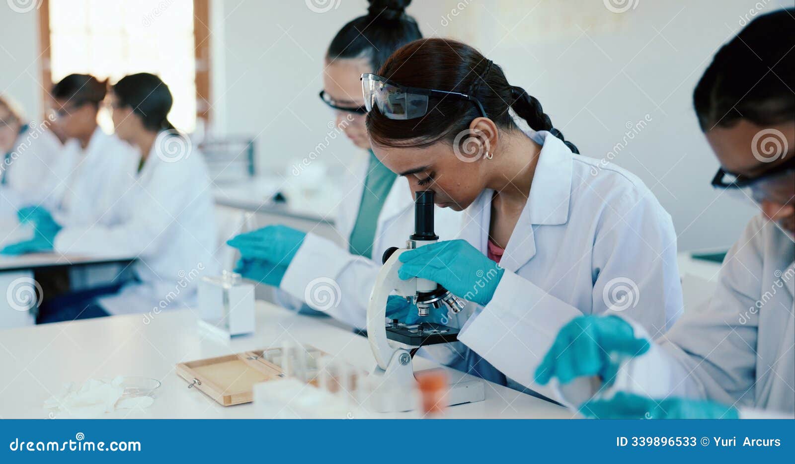 Students, Girl and Microscope in Science Classroom for Chemistry ...