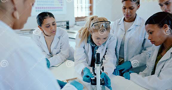 Students, Girl and Microscope in Science Lab for Chemistry Analysis ...