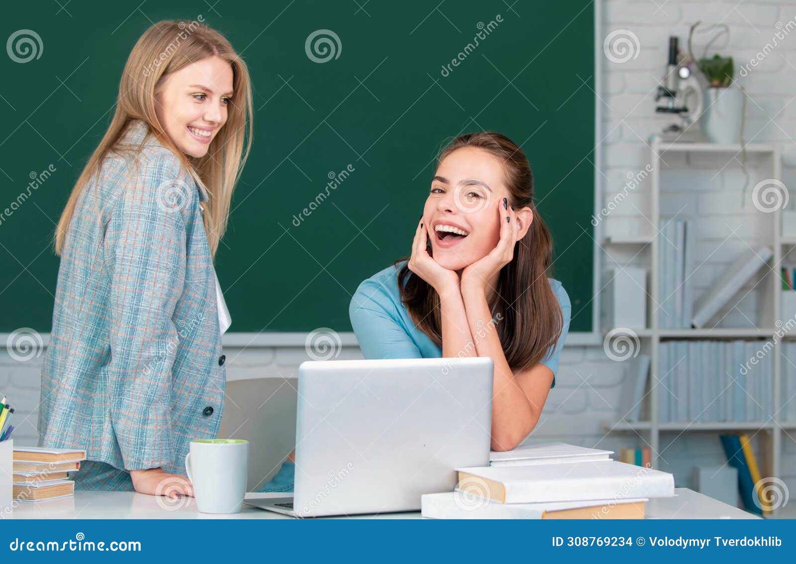 Students Girls Study Together in Classroom at School College. Stock ...