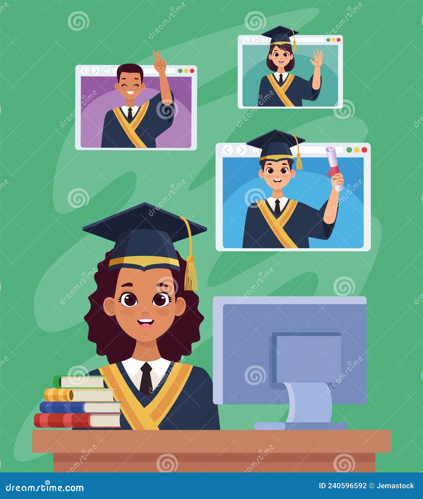 Students Graduates with Desktop Stock Vector - Illustration of ...