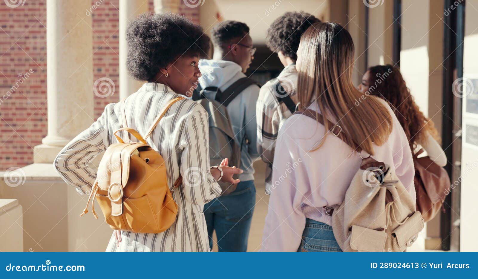 Students, Group and College Friends Walking Together for Education, Learning and Break with ...