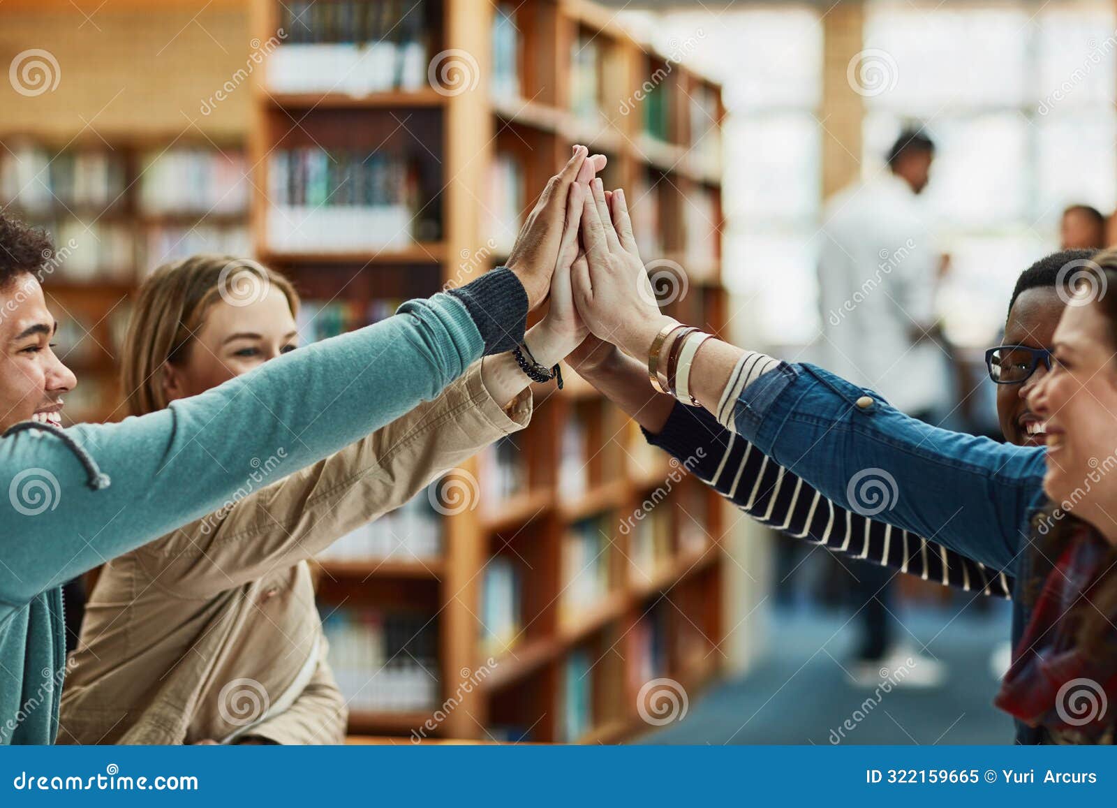 Students, Group and High Five in Library for Learning, Knowledge and ...