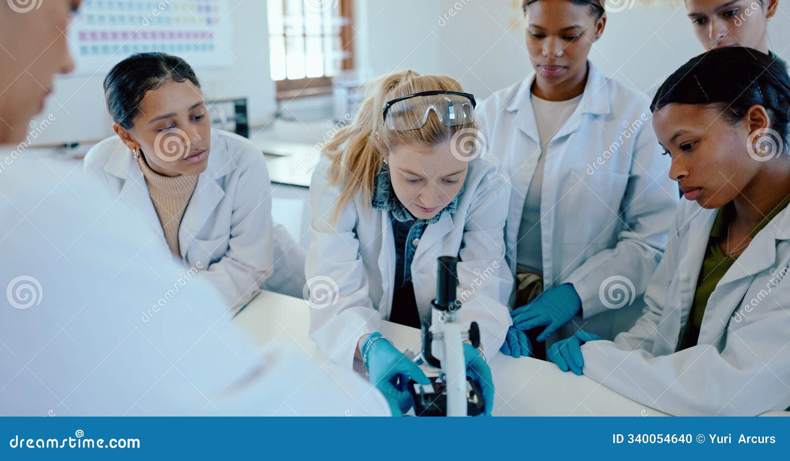Students, Group and Microscope in Science Classroom for Chemistry ...