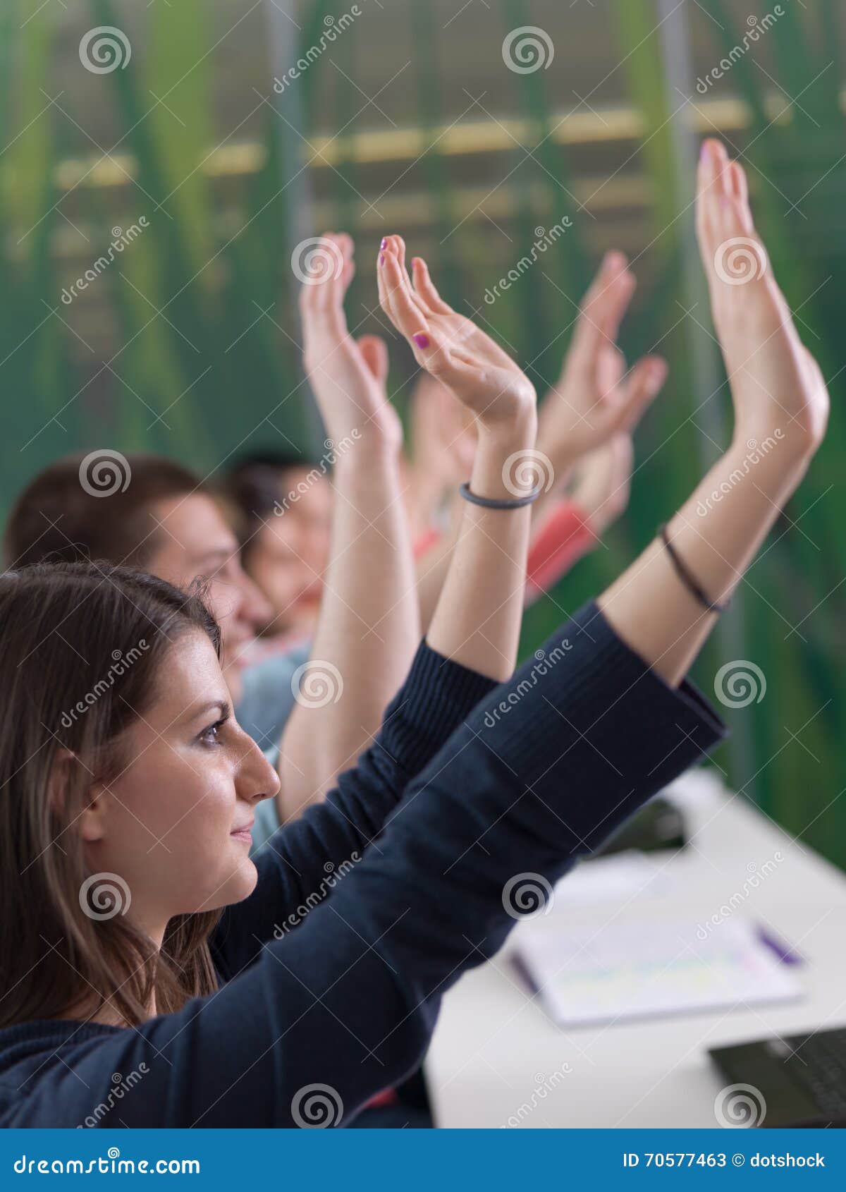 Students Group Raise Hands Up on Class Stock Image - Image of happy ...