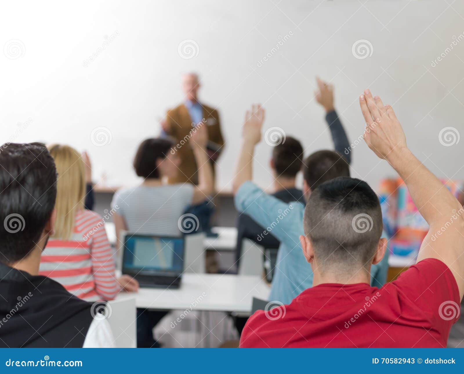 Students Group Raise Hands Up on Class Stock Image - Image of people ...