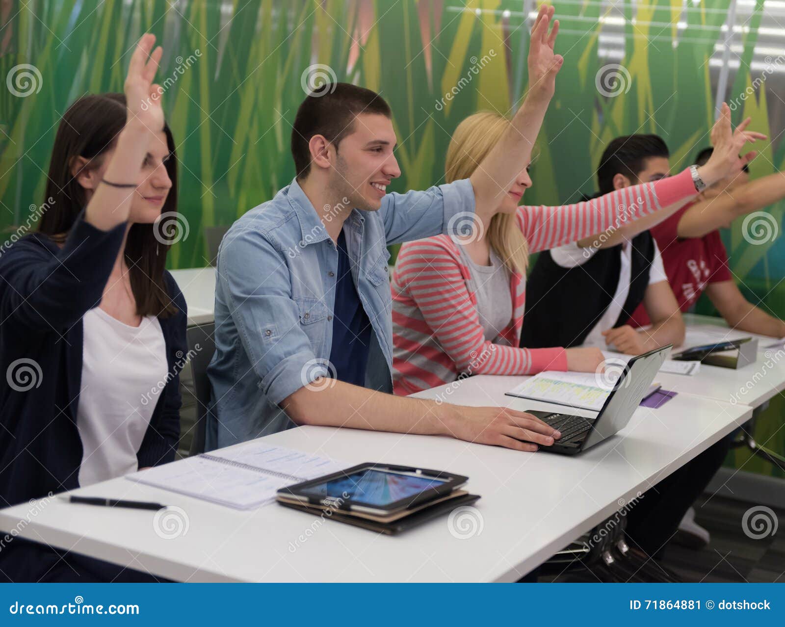 Students Group Raise Hands Up Stock Image - Image of concept, space ...