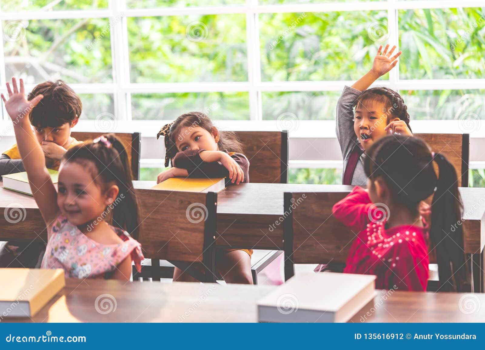 Students Hand Up for Question in Classroom Stock Photo - Image of girl ...