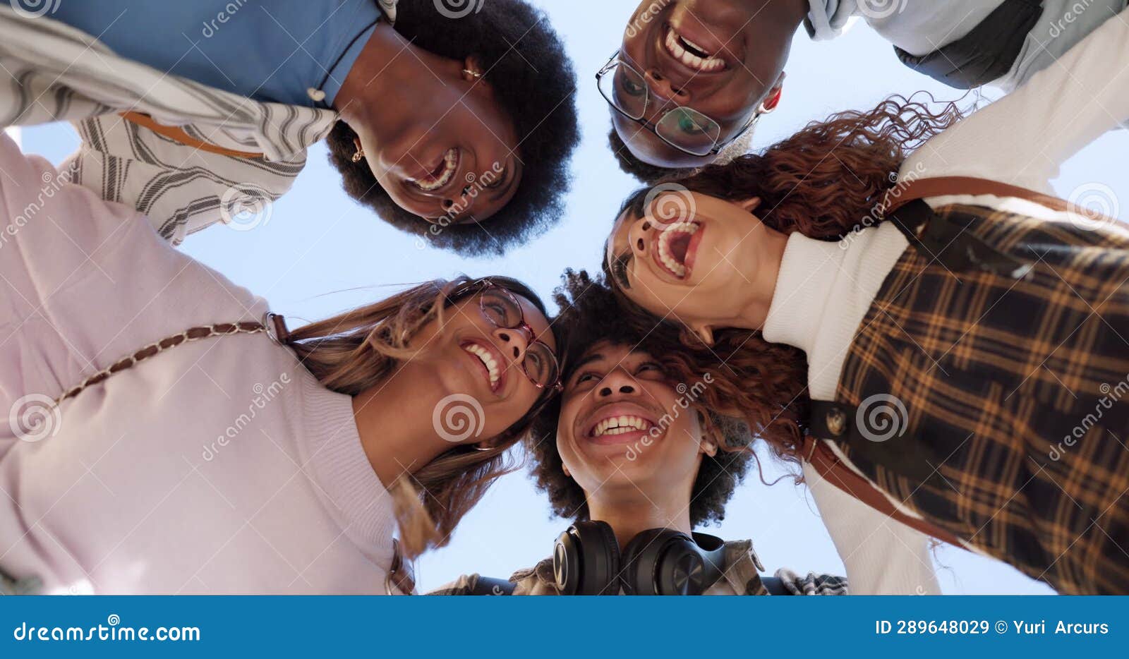 Students, Happy and Diversity with Friends in College from Below for ...