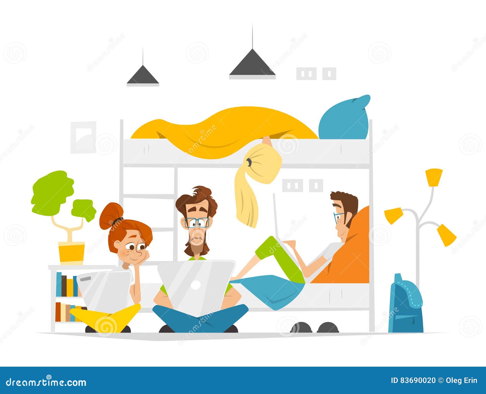 Students Dormitory Interior Flat Colorful Poster With Bunk Bed With ...