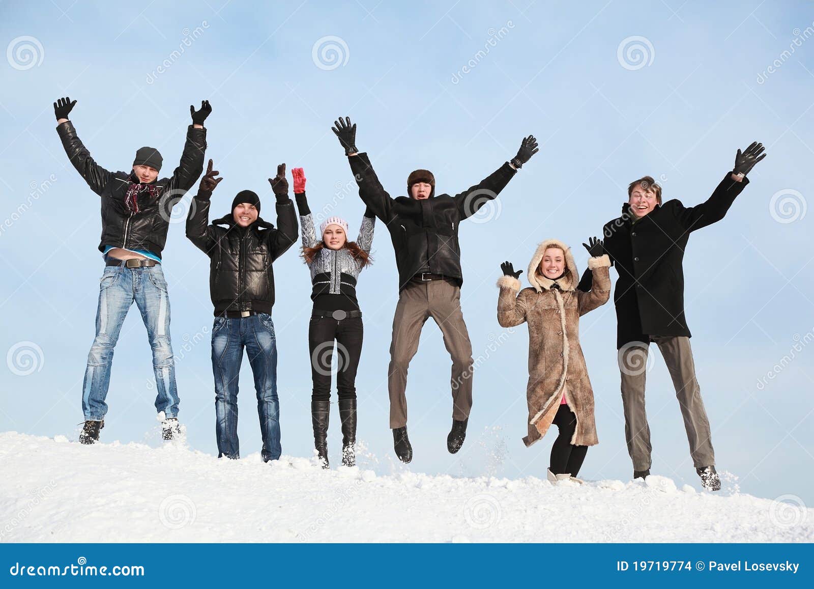 Students Jump in Winter on To Snow Stock Photo - Image of jacket ...
