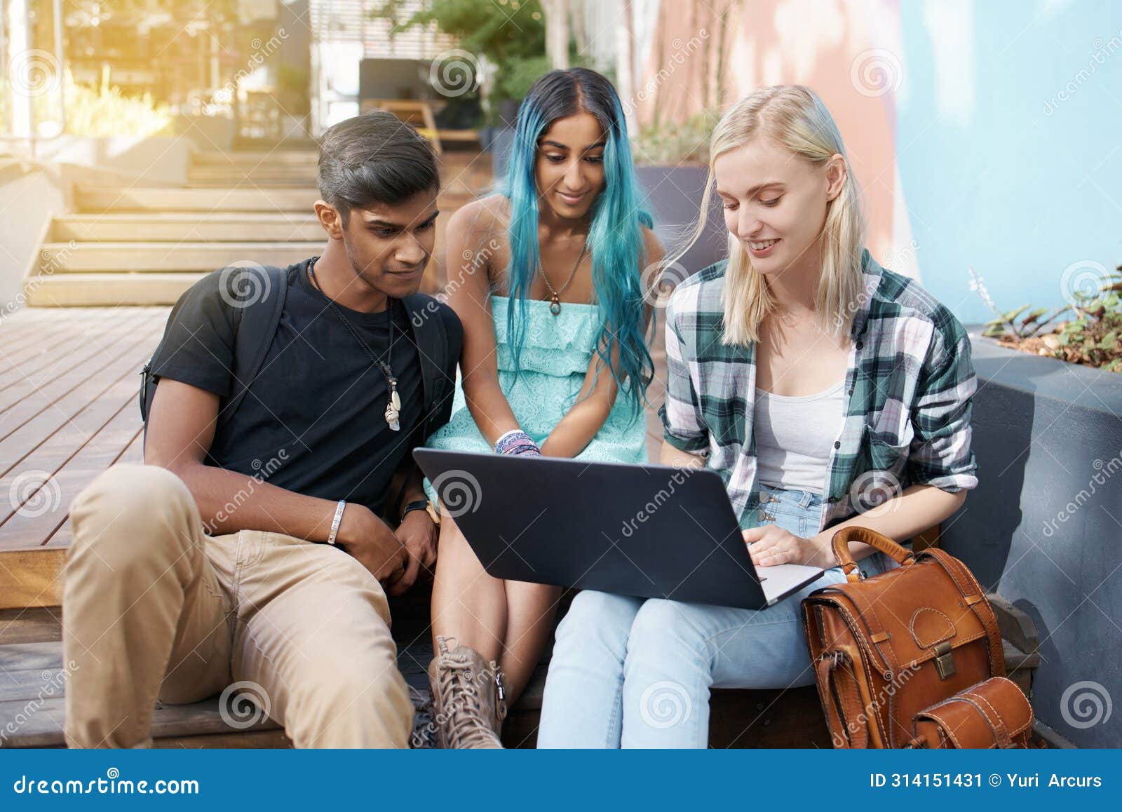 Students, Laptop and Friends in Group for School Break, Recess or Class ...