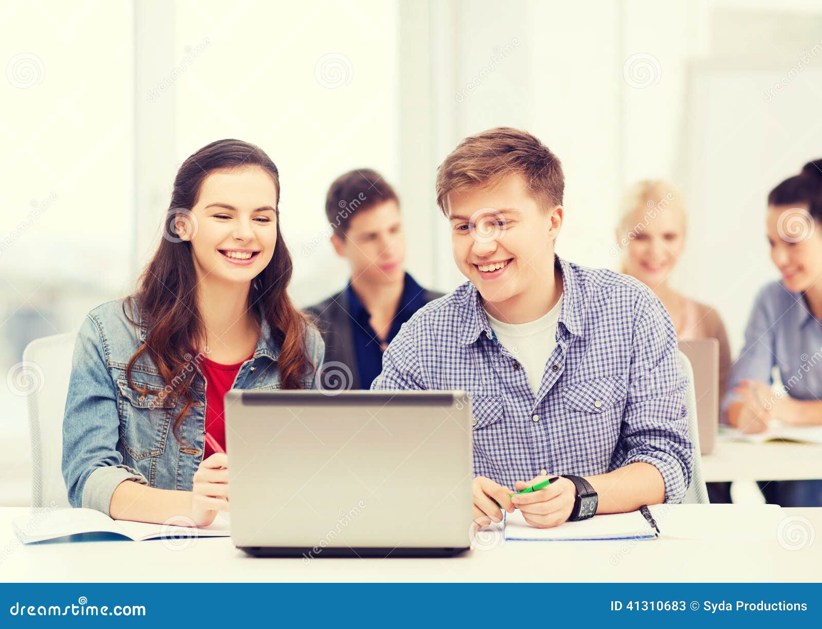 Students with Laptop and Notebooks at School Stock Image - Image of ...