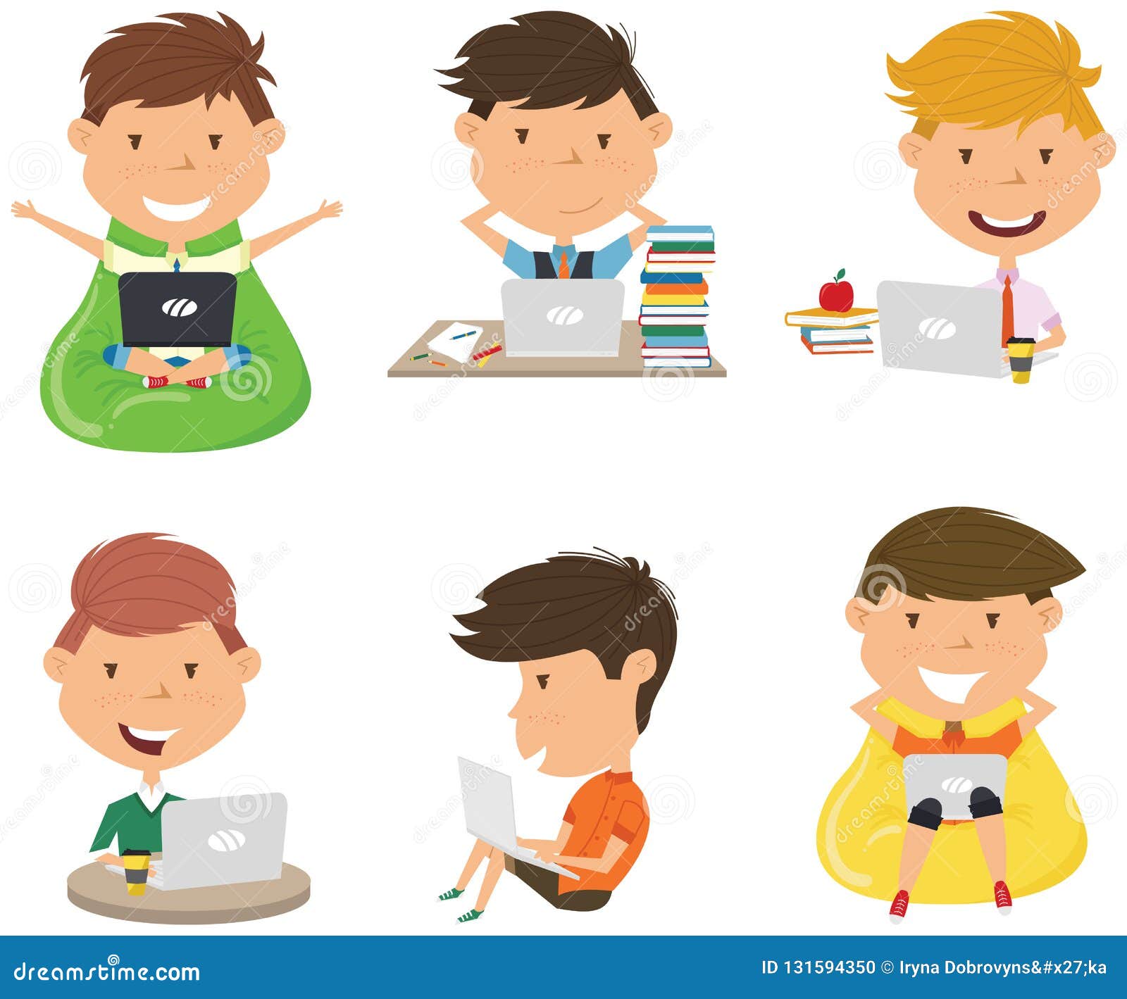 Students Learn And Do Homework By Computer Vector Illustration ...