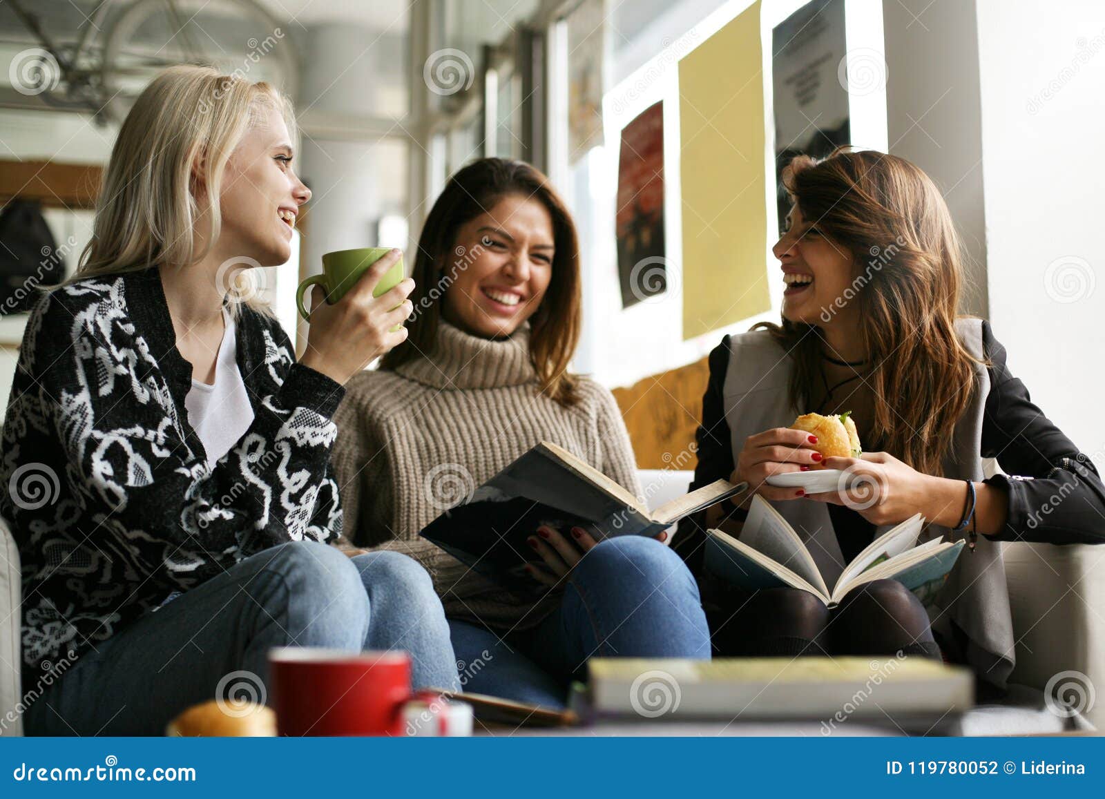 Students learning in cafe. stock photo. Image of cheerful - 119780052
