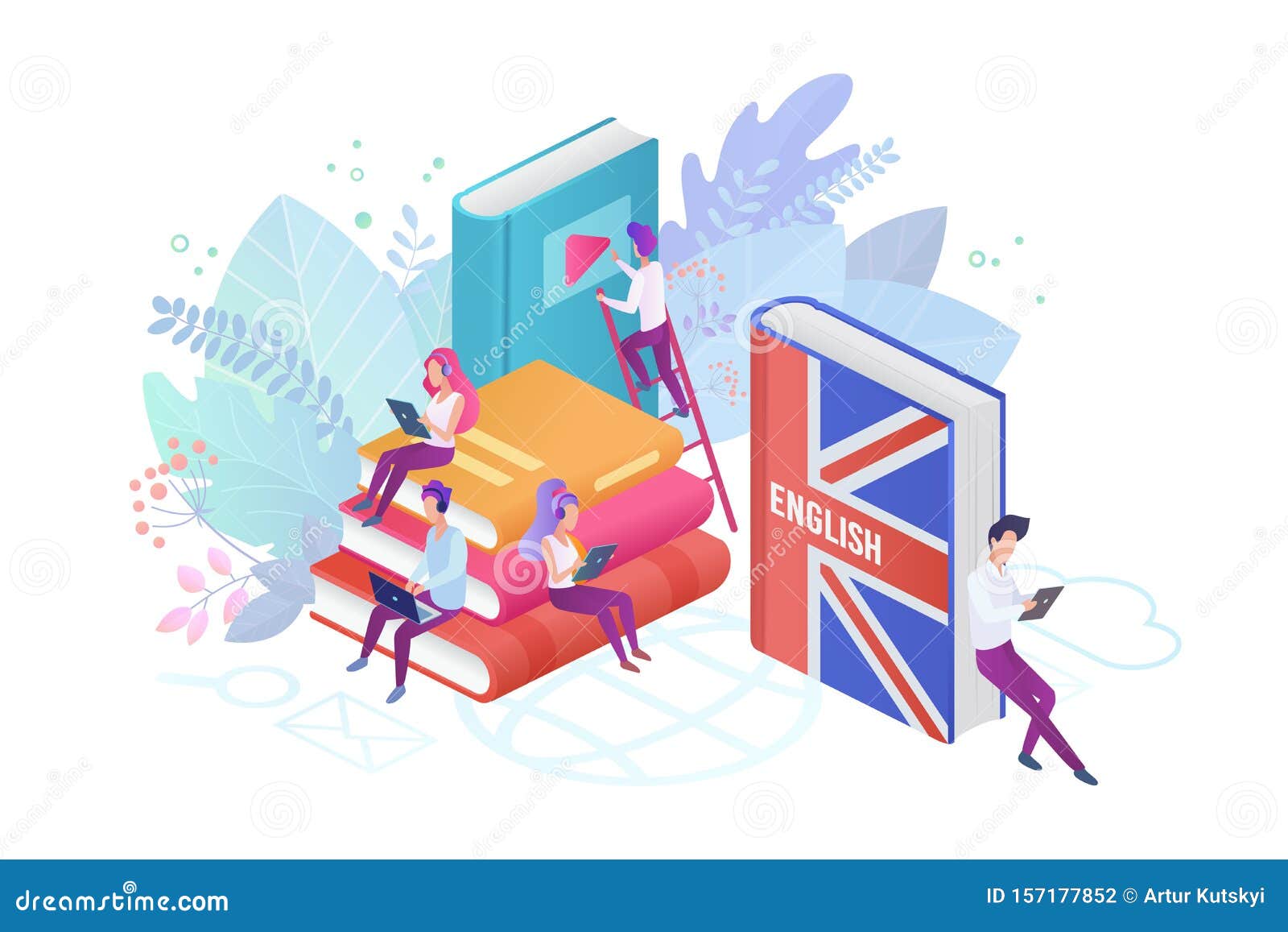 Students Learning English Isometric Vector Illustration. Pupils Reading ...