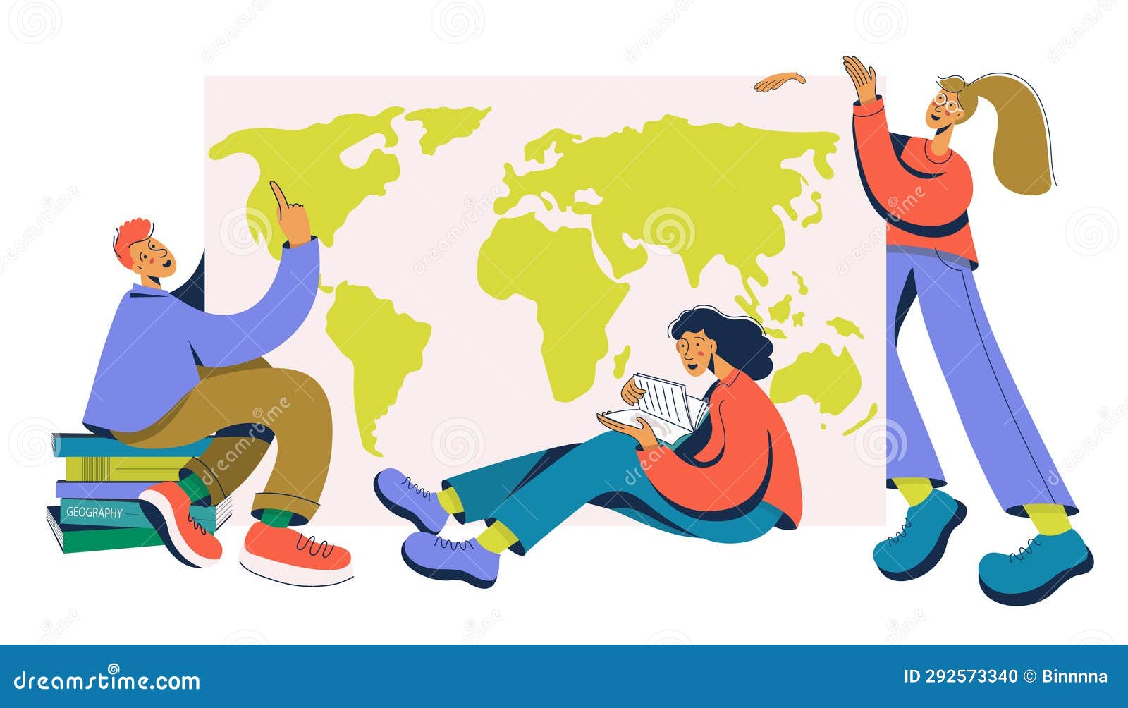 Students Learning Geography, Researching World Map, Reading Book in ...