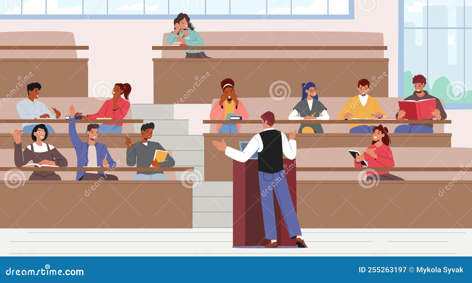 Students in Lecture Hall. University Auditorium with Teacher Back and ...