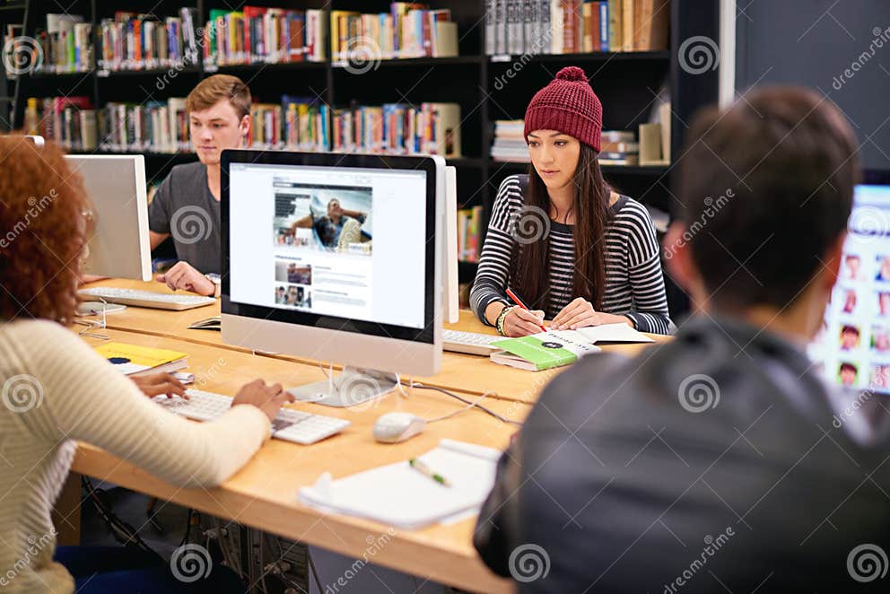 Students, Library and Computer Screen for Study in University for ...
