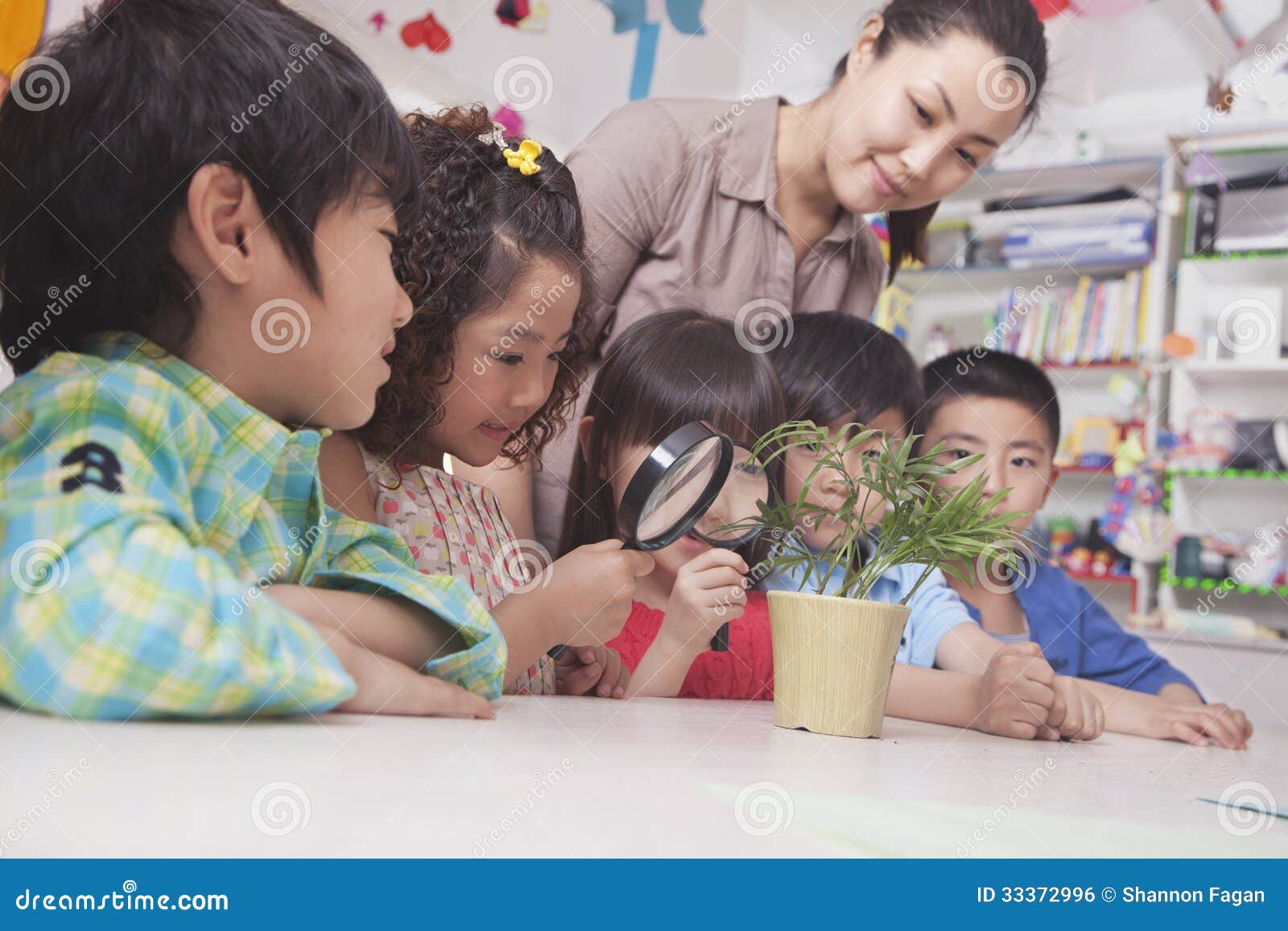 Students Looking at Plant with a Magnifying Glass Stock Photo - Image ...