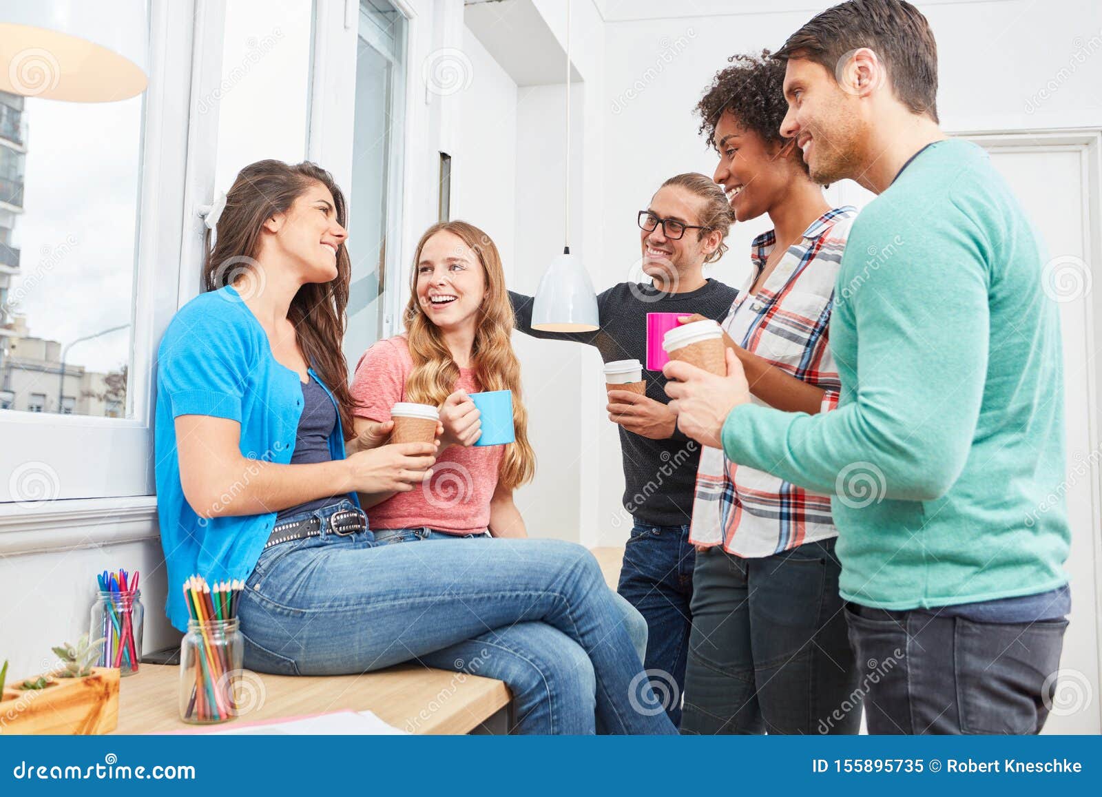 Students Make Small Talk in the Coworking Office Stock Image - Image of ...