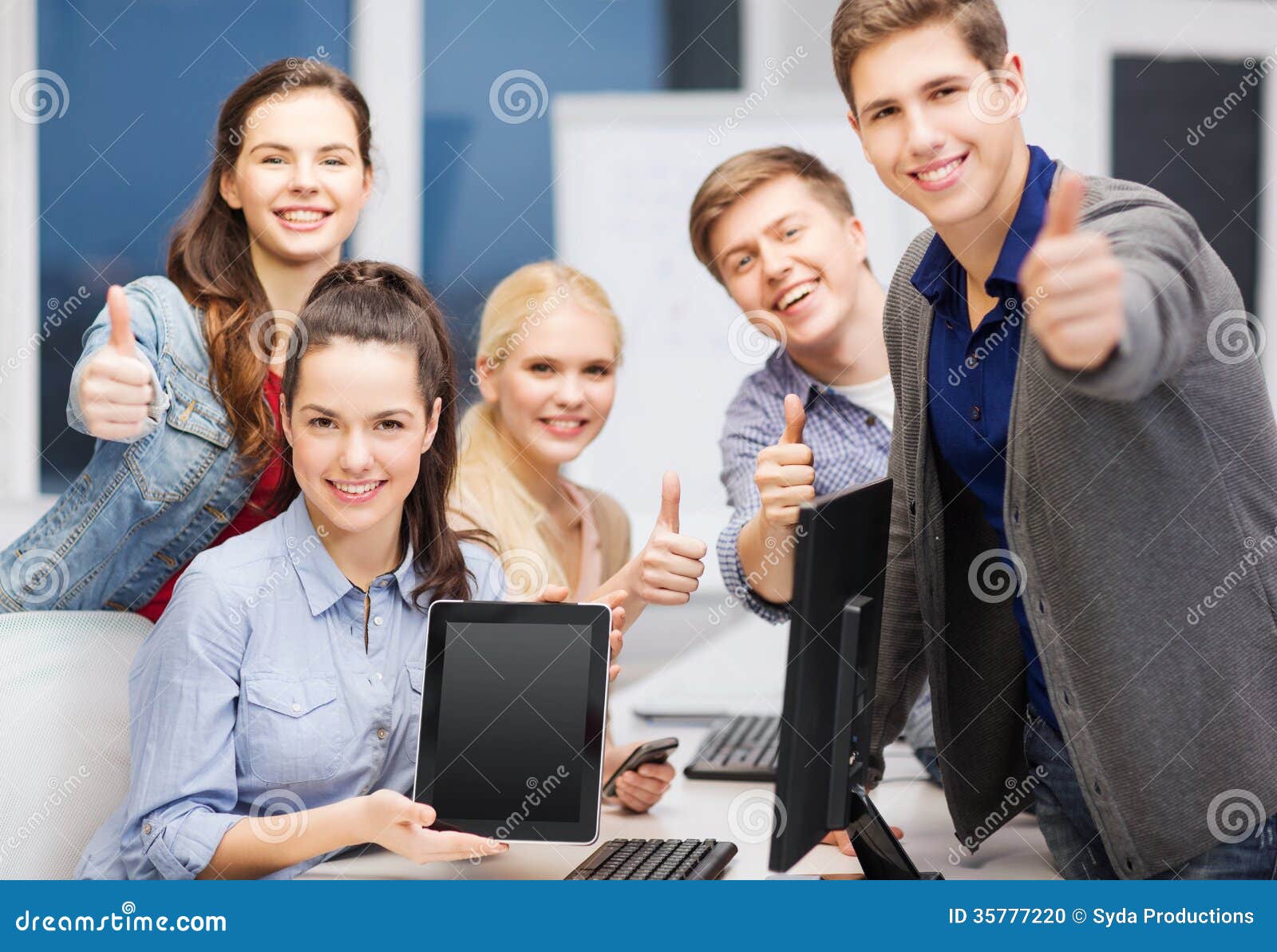 Students with Monitor and Blank Tablet Pc Screen Stock Photo - Image of ...