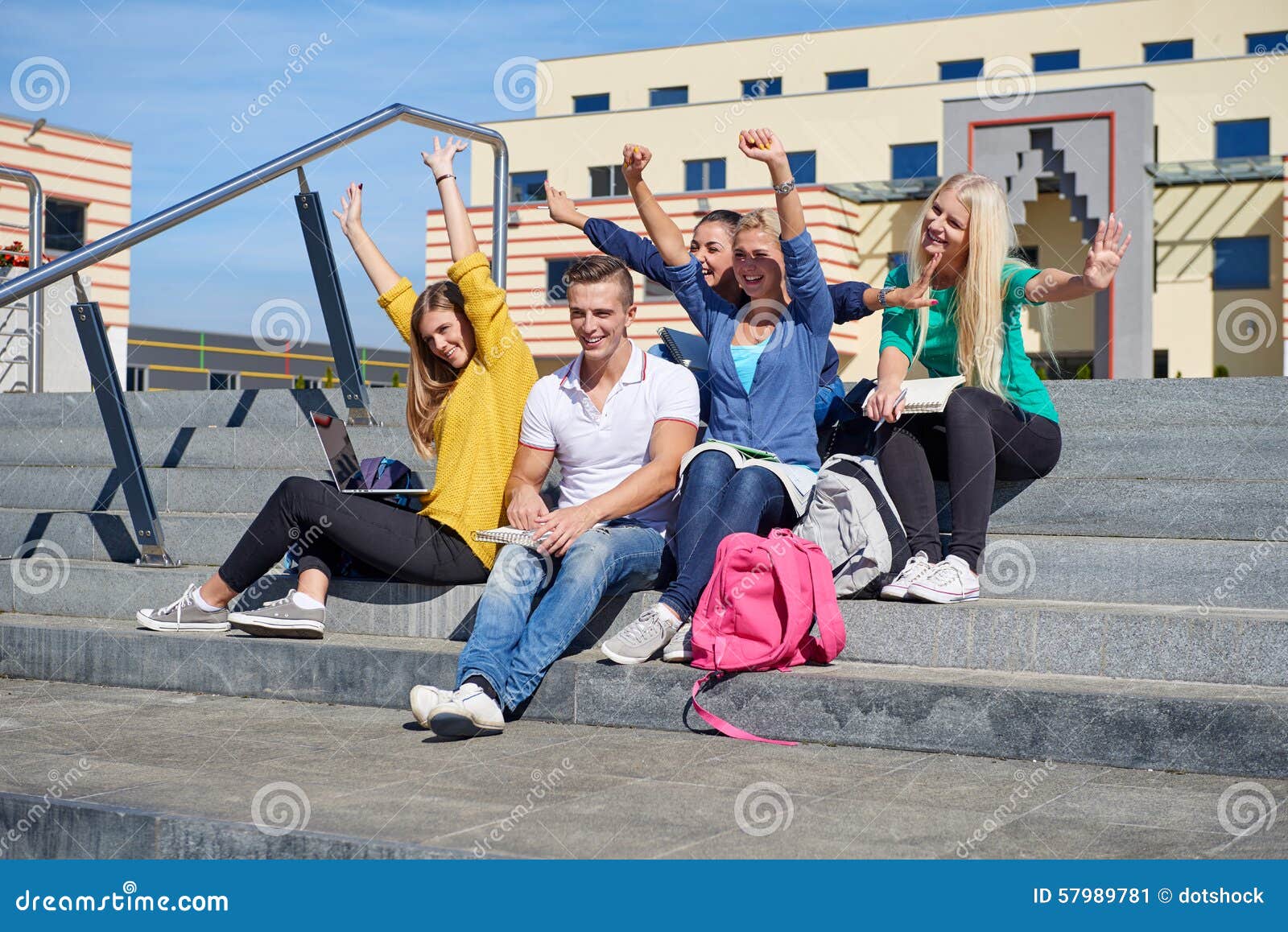 Students Outside Sitting on Steps Stock Image - Image of book, laptop ...