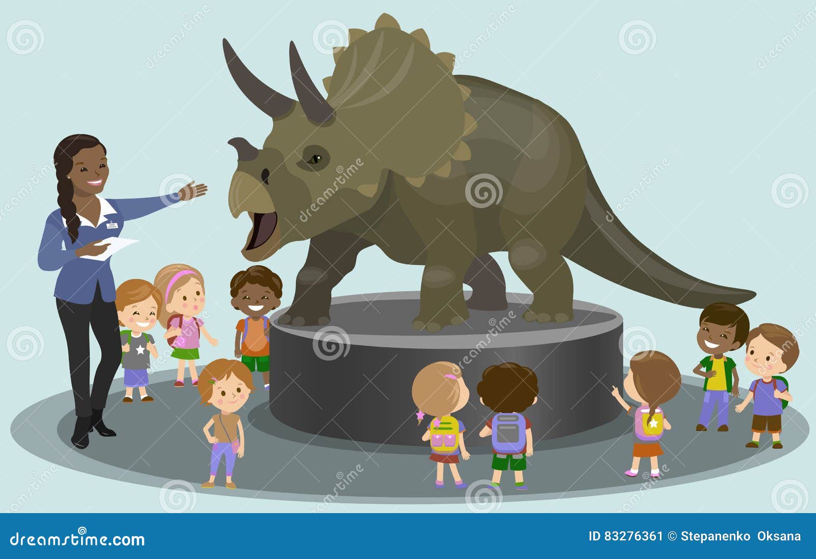 Students In The Paleontological Museum Looking At Dinosaur. Vector ...