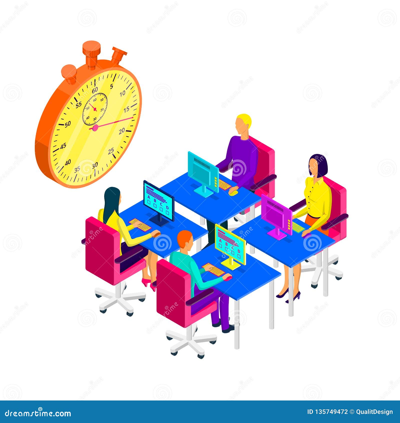 Students Pass Exam Test, Vector Isometric Illustration. Online Learning ...