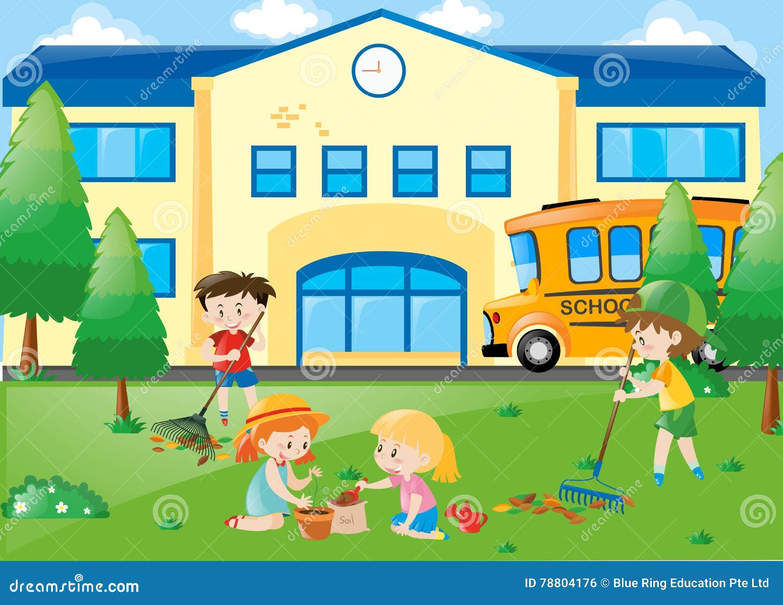 Students Planting Trees And Raking Leaves Royalty-Free Cartoon ...